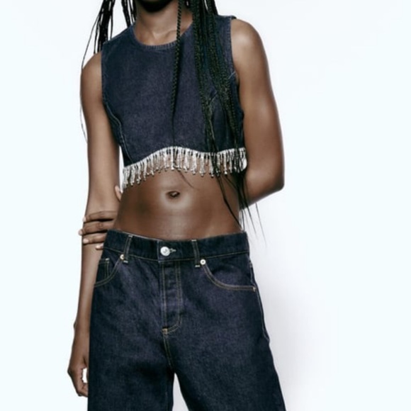 Zara | Tops | Zara Denim Crop Top With Jewel Tassel | Poshmark